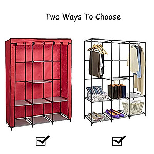 LUCKYERMORE Wardrobe Closet Portable Cloth Closets Organizer Clothes Storage with Hanging Rack and Removable Cover, Red