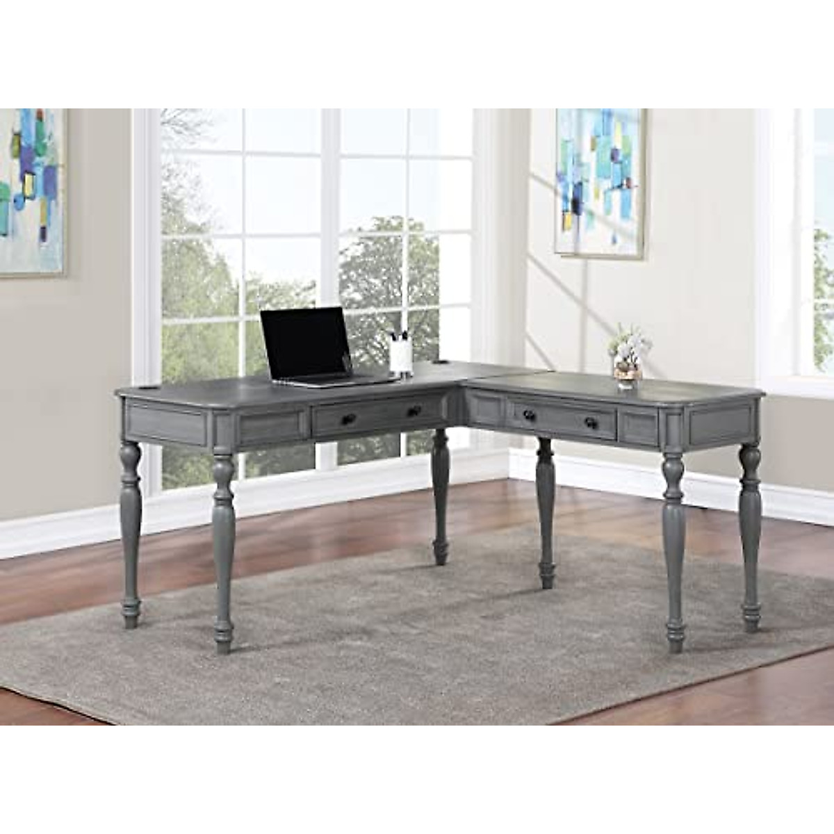 OSP Home Furnishings Country Meadows L-Shape Desk with 2 Full Drawers and Power Hub, Plantation Grey
