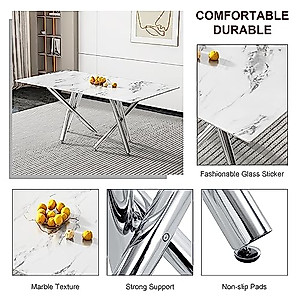 WOXYX Modern Large Simple Rectangular Glass Dining Table for 6-8 People with 0.39-inch White Imitation Marble Desktop and Silver Metal Legs, Black