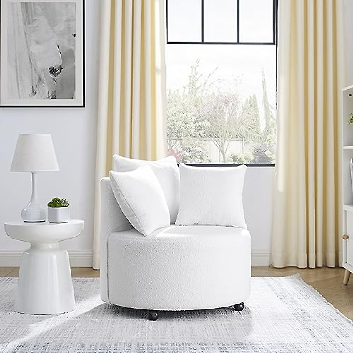 KEVINSPACE 30'' Small Swivel Barrel Chair, Comfy Round Club Chairs for Living Room Bedroom, Swivel Single Sofa with 4 Universal Caster Wheels Lounge Accent Chair Boucle Armchair White
