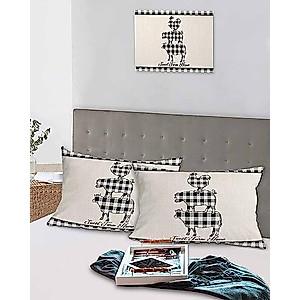 Edwiinsa Farmhouse Pig Cow Rooster Pillow Covers Standard Size Set of 2 20x26 Bed Pillow, Rustic Black White Plaid Burlap Plush Soft Comfort for Hair/Skin Cooling Pillowcases with Envelop Closure