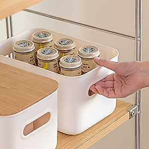 Citylife 4 Packs Plastic Storage Bins with Bamboo lids Stackable Storage Containers for Organizing, Bundled with Labels and Marker 10.24 x 7.01 x 6.1 inch