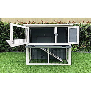Hanover Outdoor Wooden 2-Story Rabbit Hutch with Ramp, Wire Mesh Run, Cage, Waterproof Roof, Removable Tray - HANRH0103-GRY
