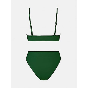 CUPSHE Bikini Set for Women Two Piece Swimsuits High Waisted Cut Out Scoop Neck V Front Bottom, L Dark Green