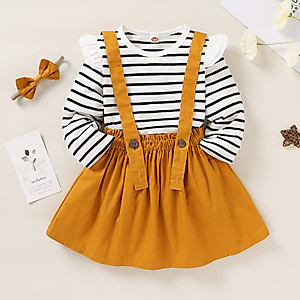 YOUNGER STAR Toddler Baby Girl Fall Outfits Long Sleeve T-shirt Top Suspender Skirt Overalls Toddler Girls Clothing Sets(2-3T,Yellow & T-shirt)