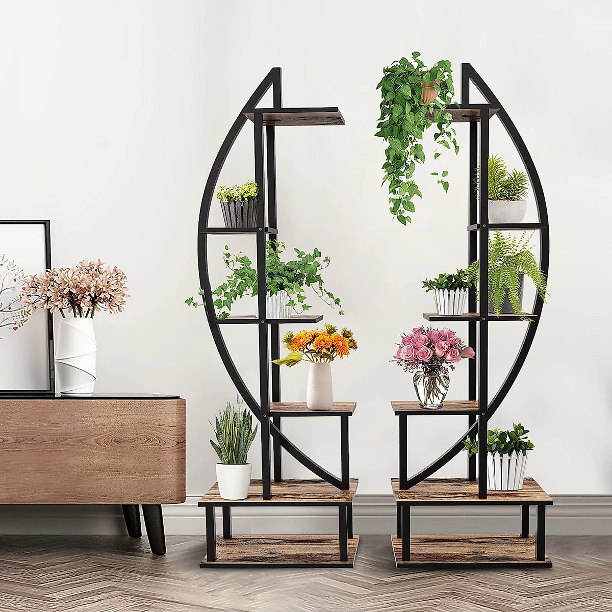 Elevens 6 Tier Metal Plant Stand, Muti-Purpose Ladder Plant Shelf Indoor 12 Potted Half Moon Shape Plant Stands for Balcony, Patio, Garden and Home Decoration Pack of 2 (Oak)