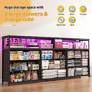 EnHomee 55” W Dresser, Black Dresser for Bedroom with Power Outlet & LED Lights 65" TV Stand for Bedroom Dresser with 9 Fabric Drawers, Sturdy Dressers for Bedroom, Closet, Entryway