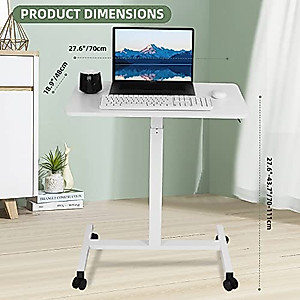 VELOCVIL Pneumatic Height Adjustable Rolling Laptop Desk, 28 Inch Heavy Duty Sit to Stand Mobile Laptop Table with Wheels for Office, Home, Bedroom or Couch, White