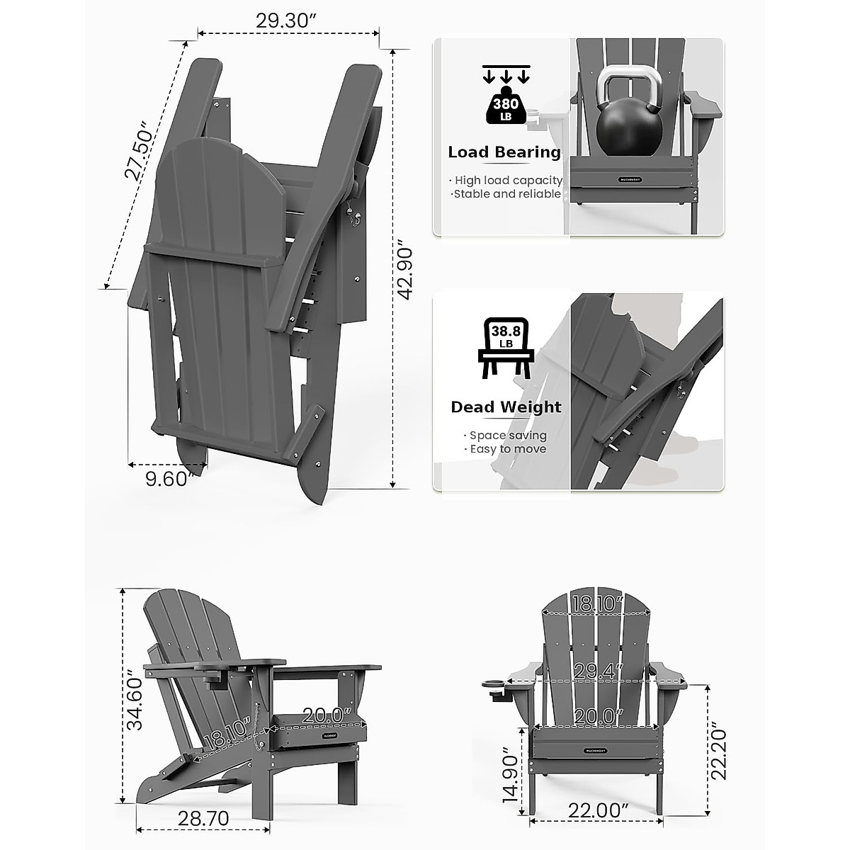 MUCHENGHY Outdoor Folding Adirondack Chair Weather Resistant Patio Chair with Cup Holder for Outside, Deck, Lawn, Backyard, Garden, Fire Pit, Campfire Lounger(Gray)