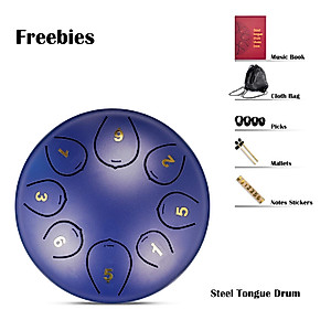 Steel Tongue Drum 6 Inch 8 Note Percussion Instrument Lotus Hand Pan Drum with Drum Mallets Carry Bag， musical education, gifts, mental rehabilitation and yoga meditation (Blue)