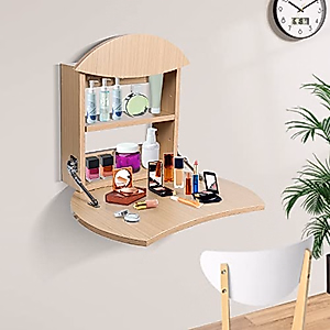 TRENDBOX Round Wall Mounted Desks Home Office Desks Folding Vanity Desk Small Desks for Small Spaces Desks for Makeup with Storage (Khaki)