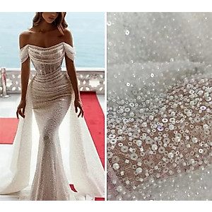 51" Wide Exquisite Heavily Pearl Beaded Soft Tulle Wedding Lace Fabric Clear French Sequined Lace Fabrics for Wedding Dress Bridal Veil DIY Home Decoration (3 Yard, White 2)