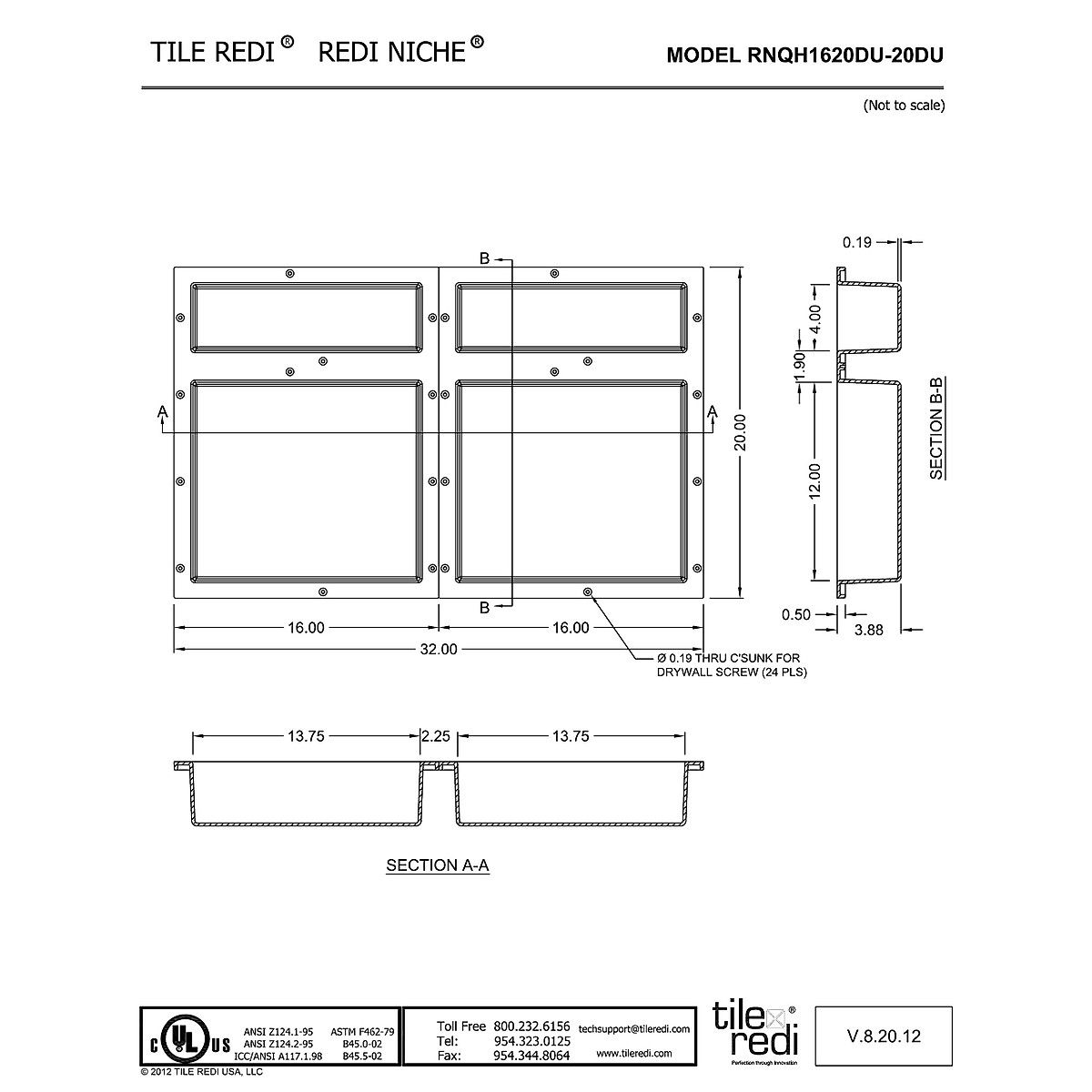 Redi Niche Quad Niche Recessed Shower Shelf- Black, Four Inner Shelves, 32-Inch Width x 20-Inch Height x 4-Inch Depth