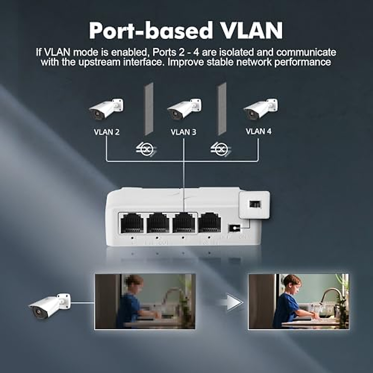 PoE Passthrough Switch, 1 PoE in 3 PoE Out Extender, IEEE802.3af/at PoE Powered, 100Mbps Ethernet, din-Rail & Wall Mount
