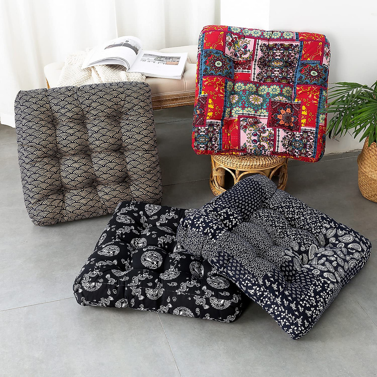 HIGOGOGO Boho Floor Pillow, Dragon Pattern Meditation Pillow Square Seat Cushion Yoga Cushion India Seating Pad for Living Room Bedroom Balcony Garden Party Decoration, Navy, 22x22 Inch