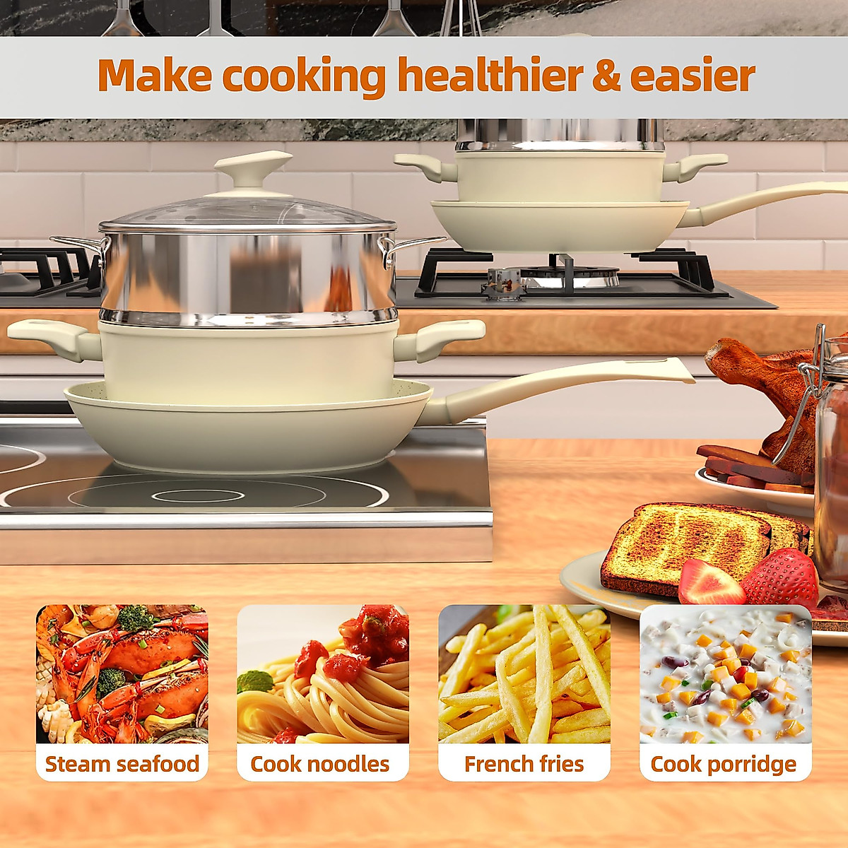 NICOMOW Kitchen Utensils Basic Kitchen Utensils,Non-Stick Coating Inside,Non-Slip Handles,Heat Resistant Lacquer (Set of 9),Easy to Clean,White