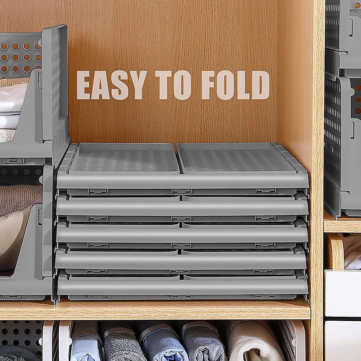 4-Pack Folding Wardrobe Storage Box Plastic Drawer Organizer Stackable Shelf Baskets Clothes Closet Containers Bin Cubes ,Home Office Bedroom Laundry Fold Pull Out Drawer Dividers for Clothes,Toys