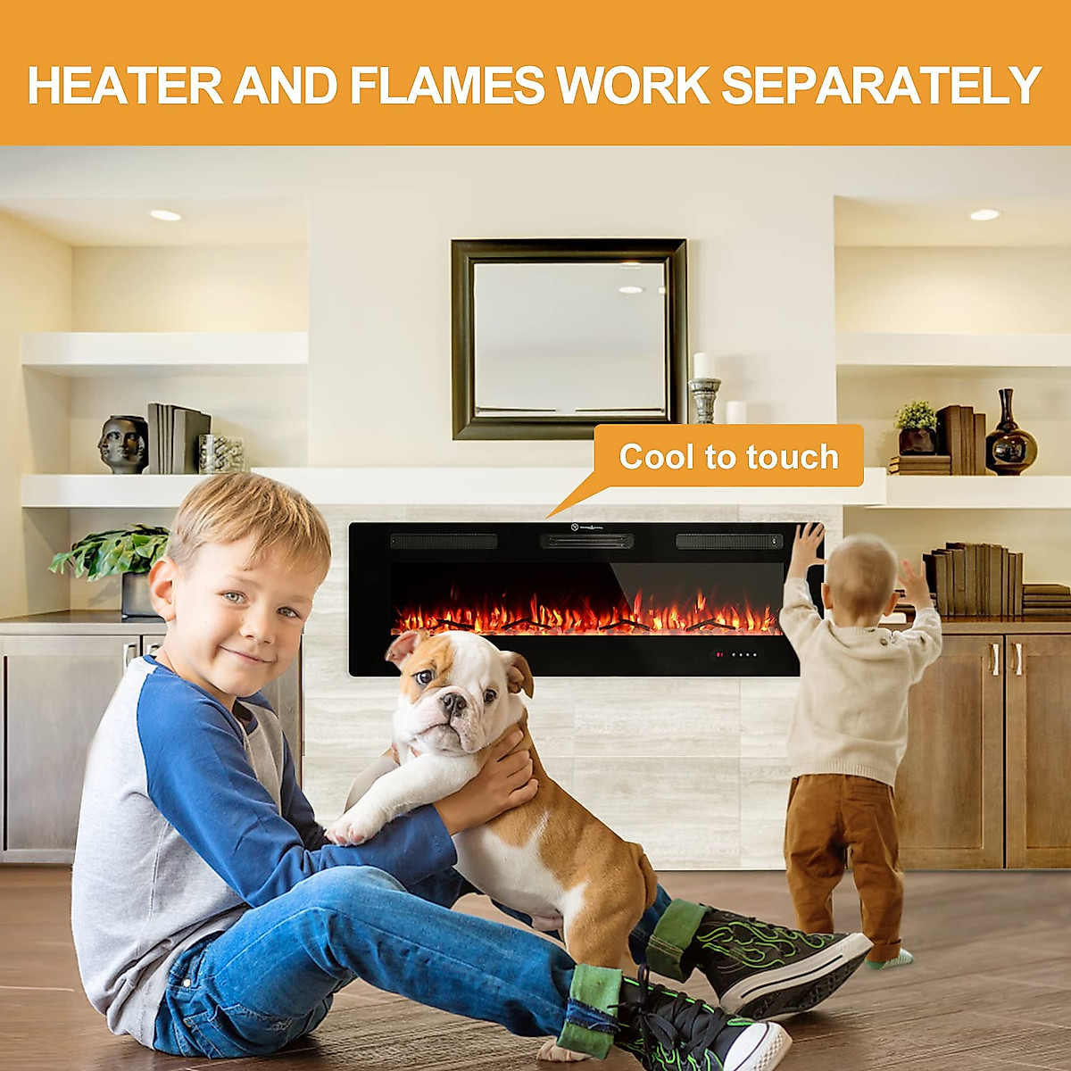 60" Electric Fireplace, Cool to The Touch Fireplace Heater, Recessed and Wall Mounted Fireplaces with Timer Remote Control Adjustable Flame Color, Black