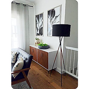 Kira Home Sadie 61" Mid Century Modern Tripod LED Floor Lamp + 9W Bulb (Energy Efficient/Eco-Friendly), Leather Accent Legs, Black Drum Shade, Black Finish