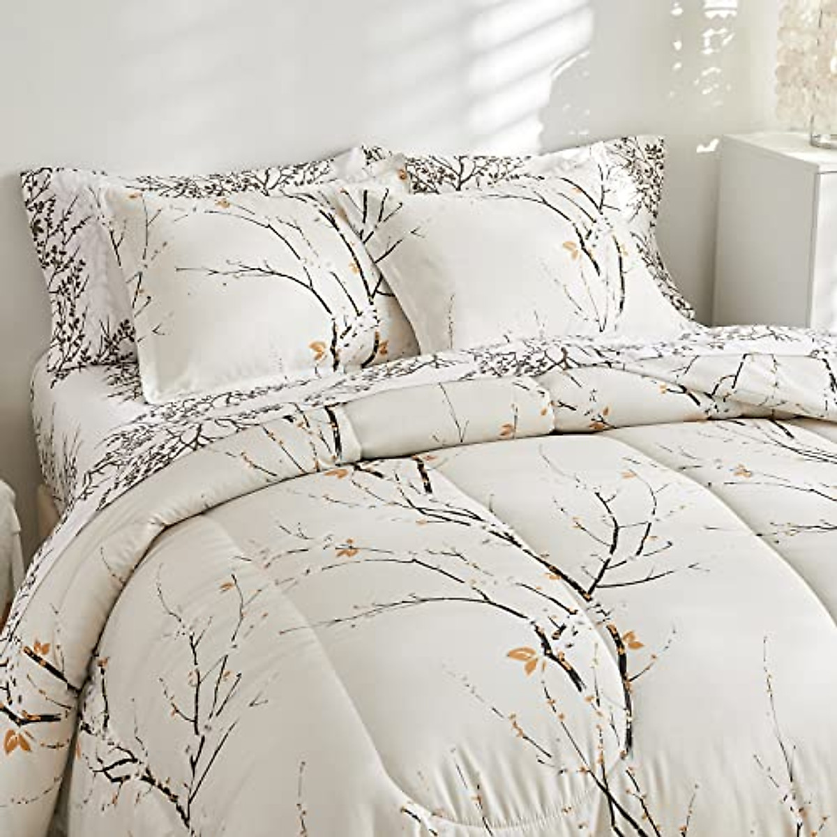 UOZZI BEDDING Cream White Bed in a Bag Twin 6 pc Branch Style All Season Soft Microfiber Reversible Bed Comforter Set (1 Comforter 2 Pillow Shams 1 Flat Sheet 1 Fitted Sheet 1 Pillowcases)