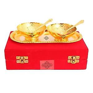Indian Art Villa Silver Plated Gold Polished Bowl Set with Spoon Tray, Diwali Gift Item