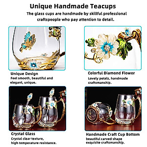 Tea Cup Glass Coffee Mugs(12 oz), Handmade Enamel Cups with Spoon Set, Mother's Day Gifts for Mom/Grandma, Birthday Wedding Anniversary Christmas Gifts for Women. (Light Blue,Tall)