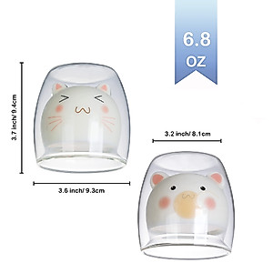FUTGLOBAL 2 Pack Cute Mugs Glass Double Wall Insulated Glass Set (Bear and Kitten), Muulaii Coffee Cup, Milk Cup, Tea Cup, Best Gift for Office, Birthday, Valentine's Day and Christmas