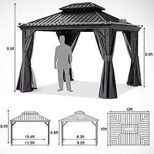 ABCCANOPY Hardtop Gazebo 10x12 - Outdoor Metal Hard Top Gazebo, Permanent Galvanized Steel Aluminum Framed Pavilion with Netting and Curtain for Patio Backyard Lawn Garden (Double Roof, Gray)
