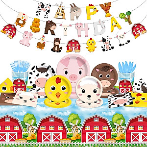 Farm Birthday Decorations-142Pcs Farm Animals Tableware Barnyard Themed Plates and Napkins Kit Farm Birthday Party Supplies for 20 Guest