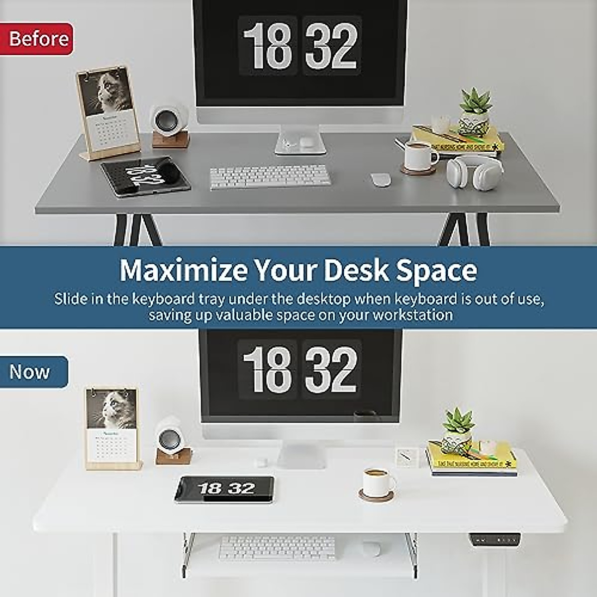 BANTI 63" x 24" Height Adjustable Electric Standing Desk with Keyboard Tray, Sit Stand up Desk with Splice Board, White Frame/White Top