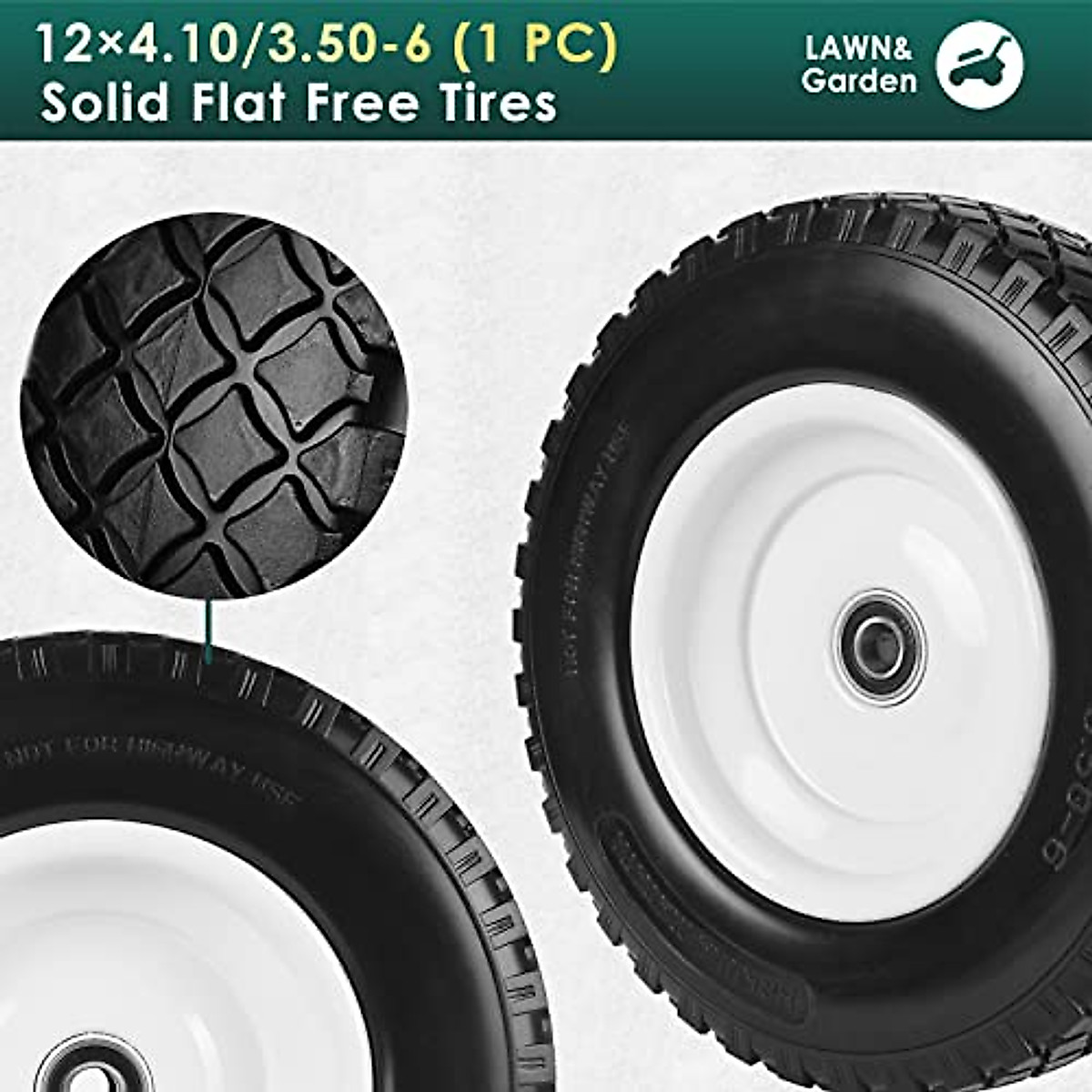 12" Solid Flat Free Tires and Wheels 1 Pac, 3.50-6 Rubber Tire Replacement Axle Bore Hole, Air less Wheel for Hand Truck/Trolley/Garden Cart/Lawn Mower/Wheelbarrow, 1Pack, Black