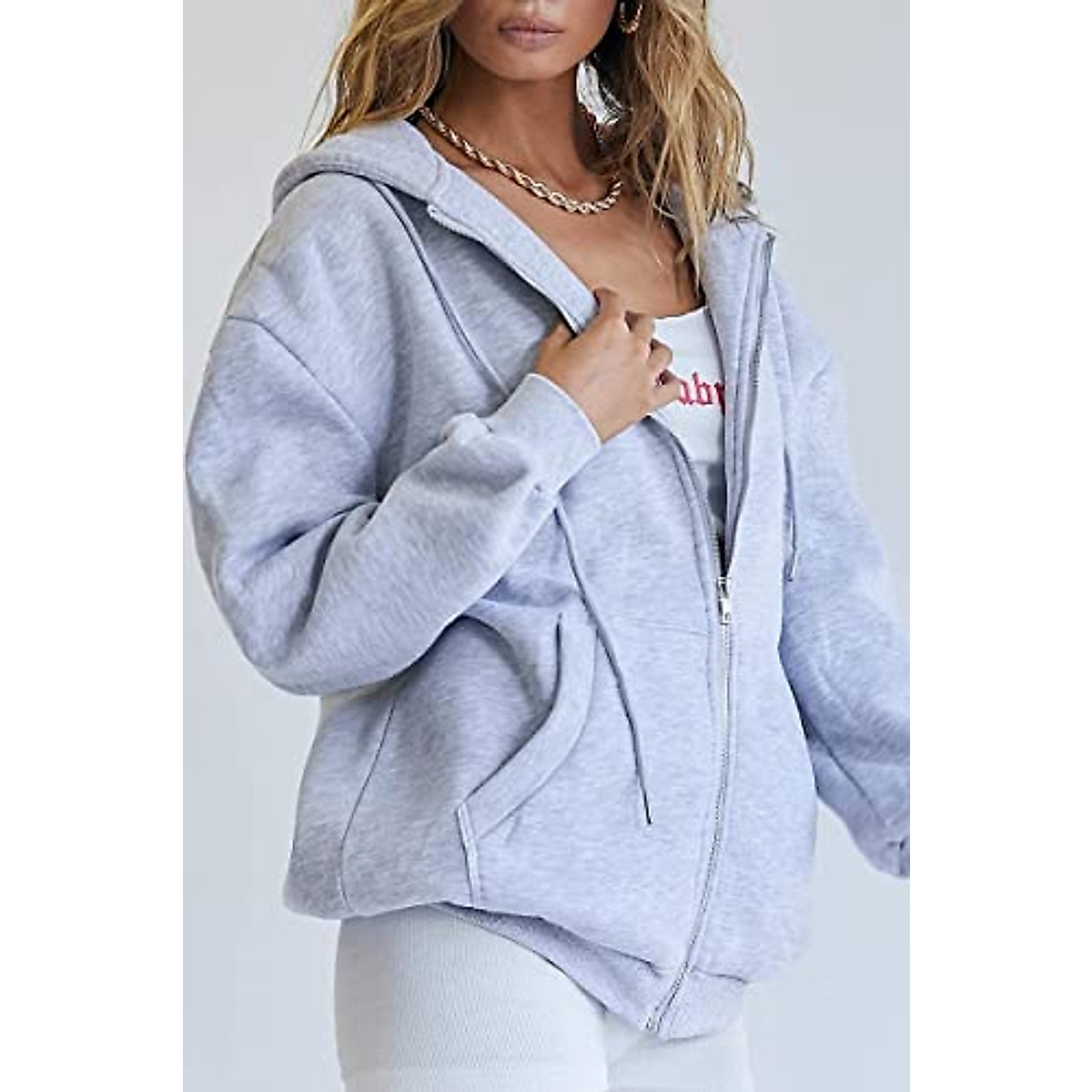 Trendy Queen Hoodies for Women Fall Clothes 2023 Zip up Oversized Sweatshirt Fleece Jackets Long Sleeve Comfy Winter Clothes Teen Girls Fashion Cute Y2K Clothing Grey