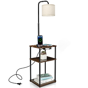 Hitish Floor Lamp with Table, Rustic End Table Lamp with USB Charging Port, Power Outlet & Shelves, Side Table Reading Light with Adjustable Color Temperatures & Brightness for Bedroom, Living Room