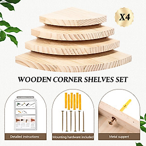 Gulfmew Wooden Corner Shelves Set of 4 Sizes Floating Corner Shelves for Wall Wood Round End Corner Wall Shelves Rustic Wall Mounted Corner Shelves for Bedroom, Living Room, Bathroom, Kitchen