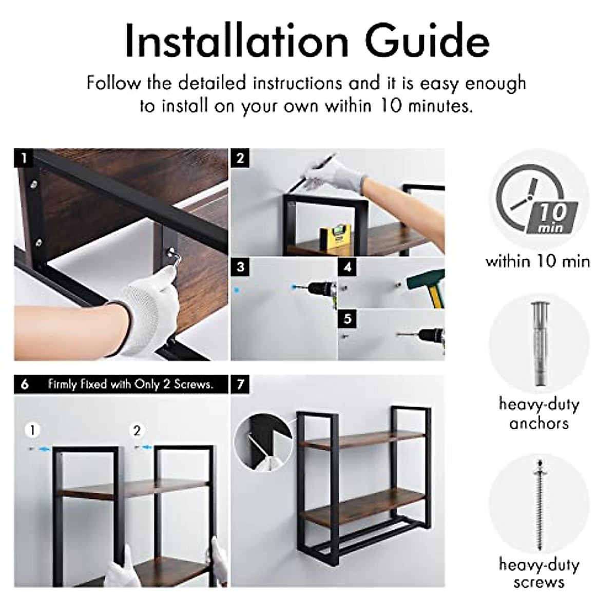 KES Bathroom Shelf with Bar Wall Mounted, 2-Tier Industrial Wooded Rustic Wall Shelf Over Toilet Rack with Double Adjustable Bar Floating Shelves 23.6-inch Metal Black, BTR500S60-BK