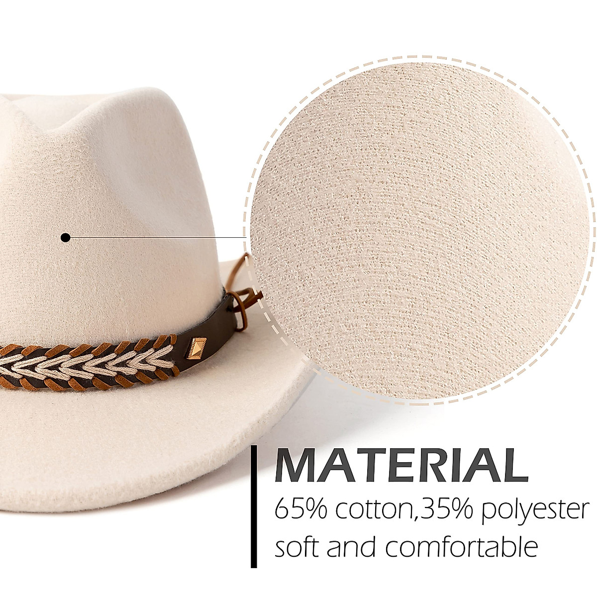 Gossifan Western Cowboy & Cowgirl Hat Felt Wide Brim Women Men Fedora Hats-Beige