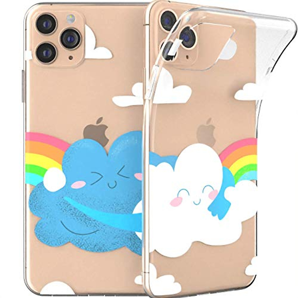 Toik Matching Couple Cases for Apple iPhone 11 Pro Xs Max Xr 10 X 8 Plus 7 6s 5s SE White Rainbow Protective Blue TPU BFFs Clear Anniversary Clouds Cute Design Hug Slim Girly Gift Relationship
