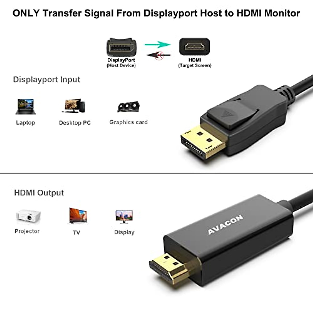 AVACON DisplayPort to HDMI 6 Feet Gold-Plated Cable, Display Port to HDMI Adapter Male to Male Black