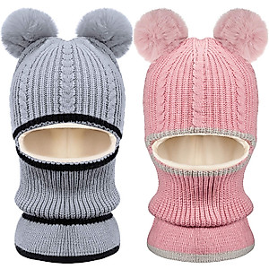 2 Pieces Kids Hood Scarf Kids Knit Hat Winter Thick Earflap Skull Caps for Boy Girls (Pink, Gray)