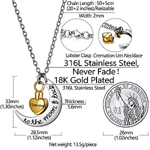Richsteel Gold I love You to the moon Back Urn Necklace for Ashes Stainless Steel Moon Heart Pendant & Rolo Chain 20'' Memorial Cremation Jewelry with Gift Box