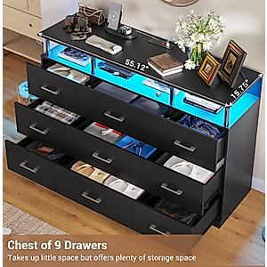 VIAGDO 9 Drawer Dresser with Charging Station, LED Chest of Drawers with Column Design and Open Storage Space, Large Capacity Modern Black Dresser, Wide Drawer Organizer Cabinet for Bedroom, Closet