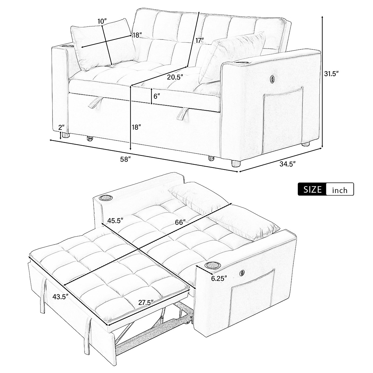 P PURLOVE Convertible Sleeper Sofa Bed, Velvet Loveseat Sofa Couch, Adjustable Backrest, Pull-Out Bed with Cup Holder and USB Port for Living Room or Apartments (Milky White)