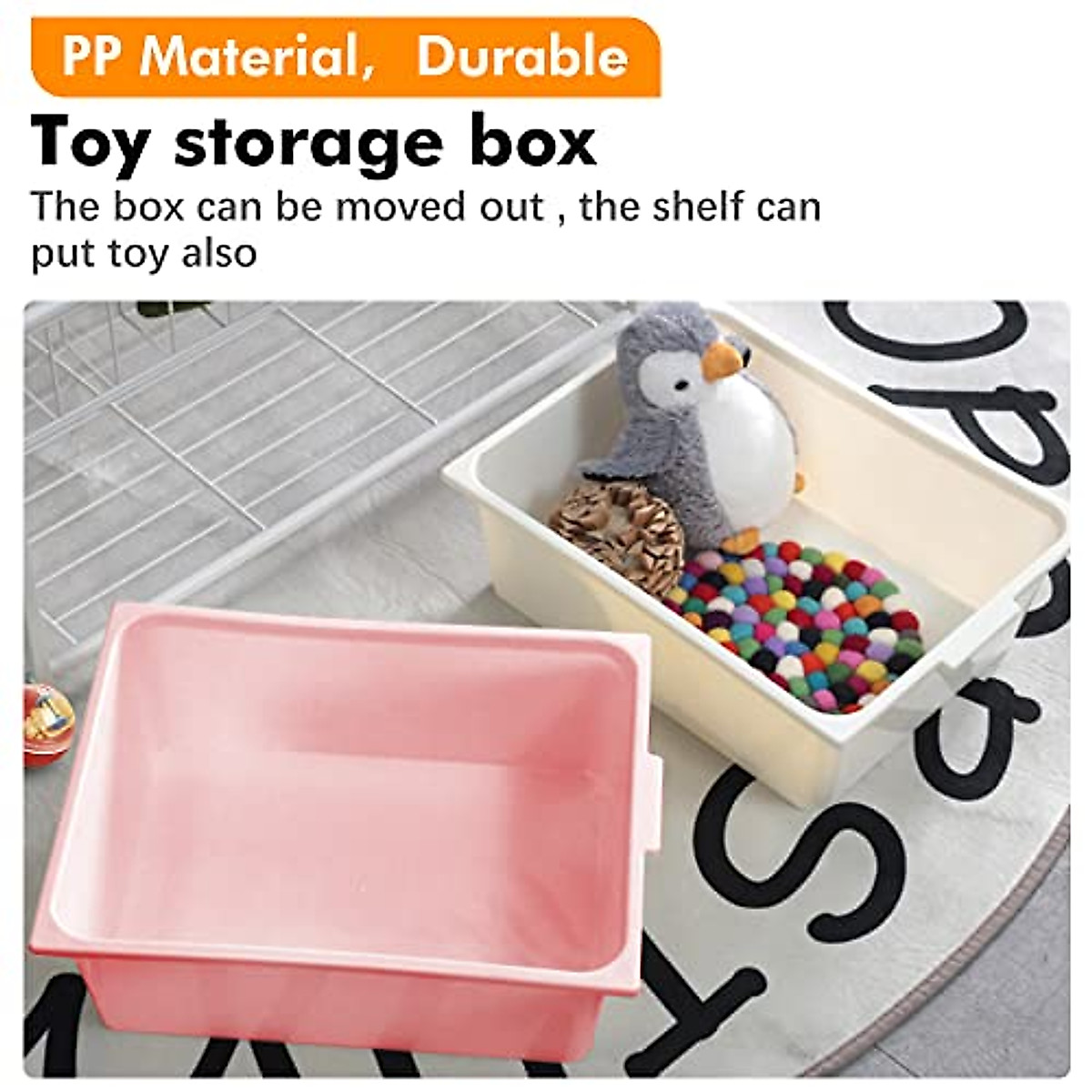 yazi Kids Bookshelves with Toy Storage Organizer, Large 35inx38in 6 Tier Metal Kids Bookcases with 3 Storage Boxes Organizer Shelf in Nursery, Playroom, Study Room,Nursery for Preschooler Children