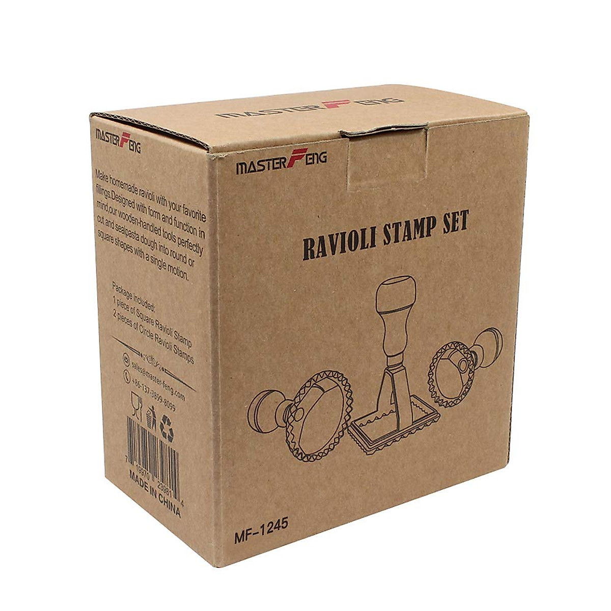 MASTER FENG Ravioli Stamp Maker Cutter with Roller Wheel Set, Mold with Wooden Handle and Fluted Edge, Pasta Press Kitchen Attachment (3 Set with Cutter)