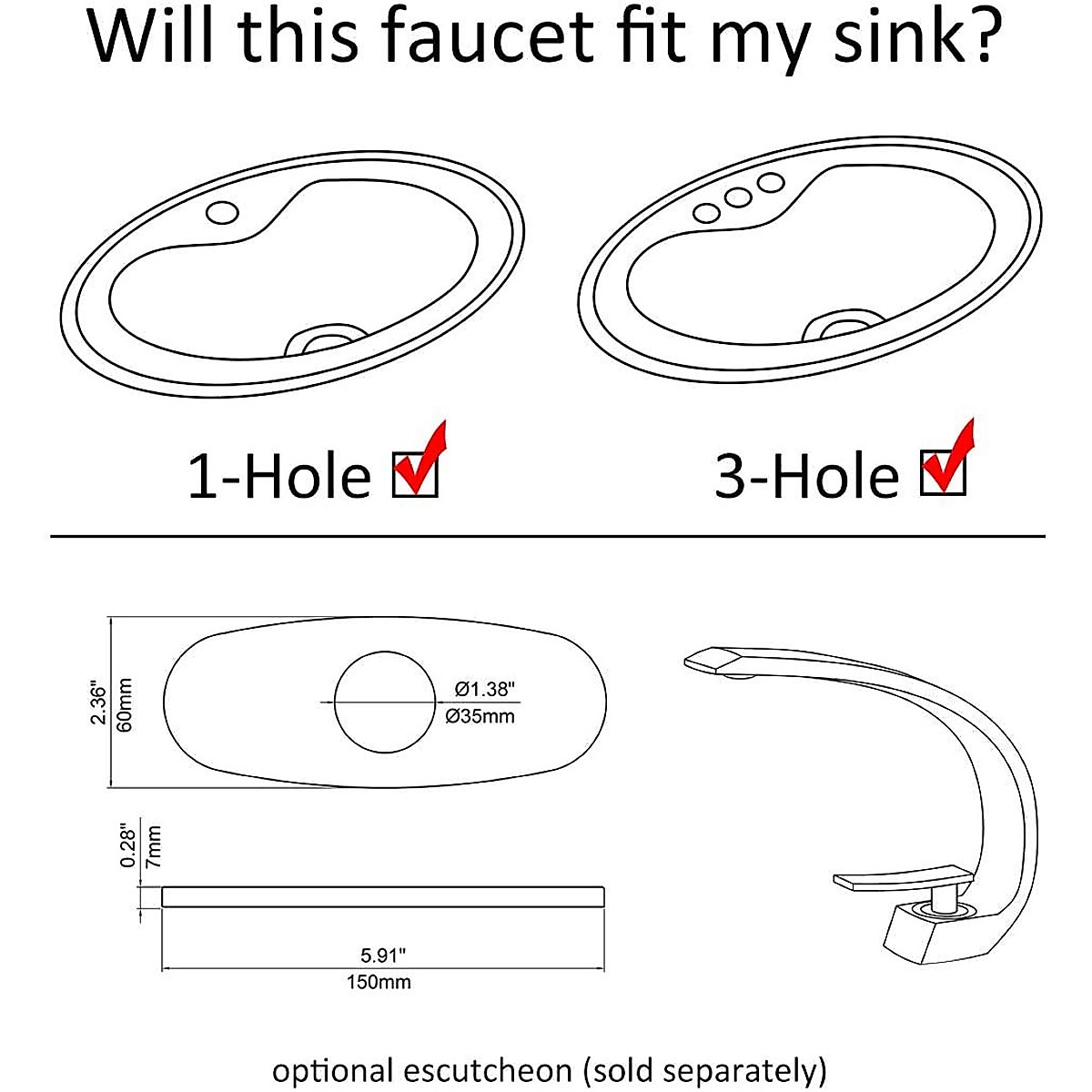 Homary Matte Black 1-Handle Sink Faucet for Bathroom with Pop Up Sink Drain Curved Spout Lavatory 1-Hole Deck Mount, Solid Brass