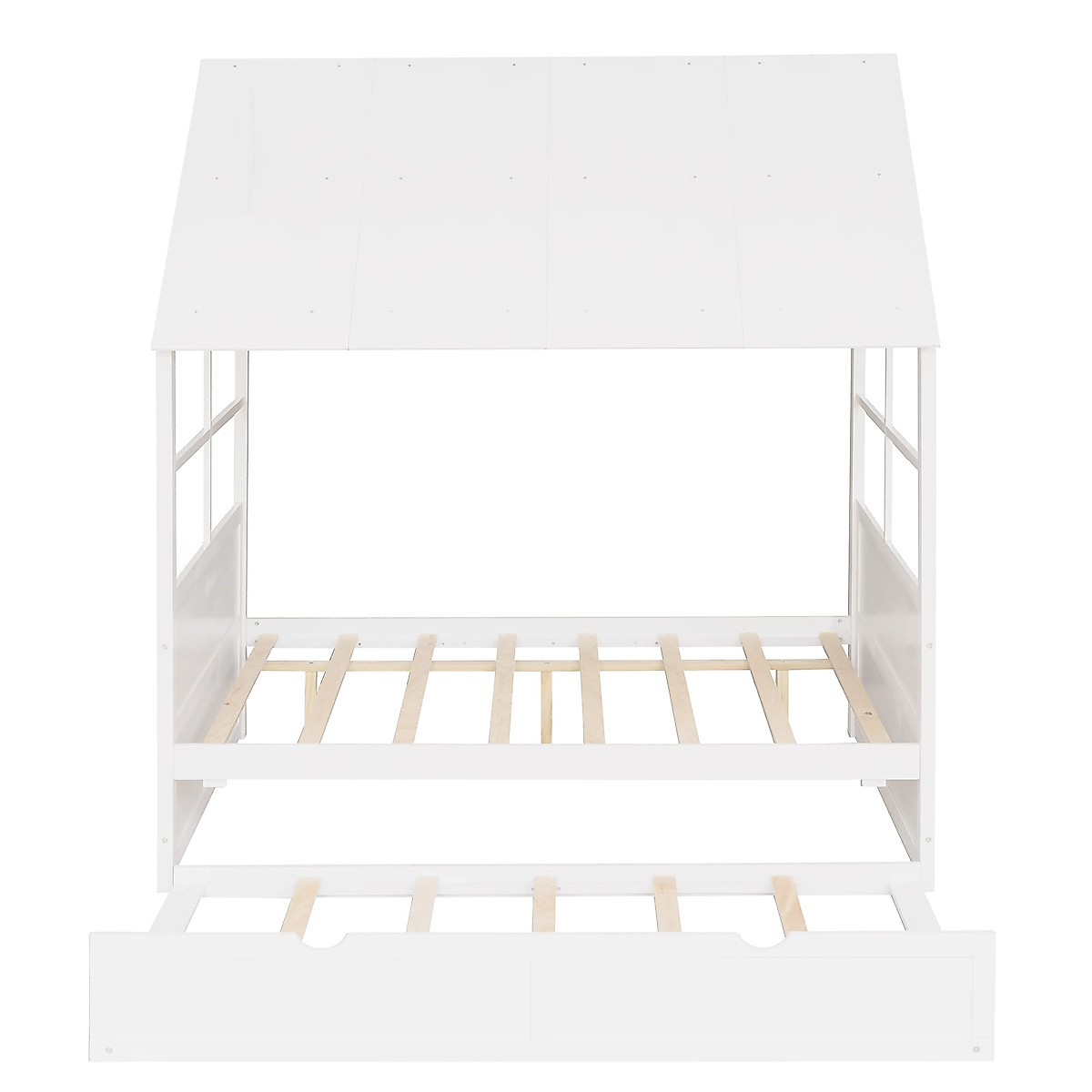 BIADNBZ Full Size House Bed with Twin Trundle, Wooden Platform BedFrame Daybed w/Roof&Window for Kids Boys Girls Bedroom, White