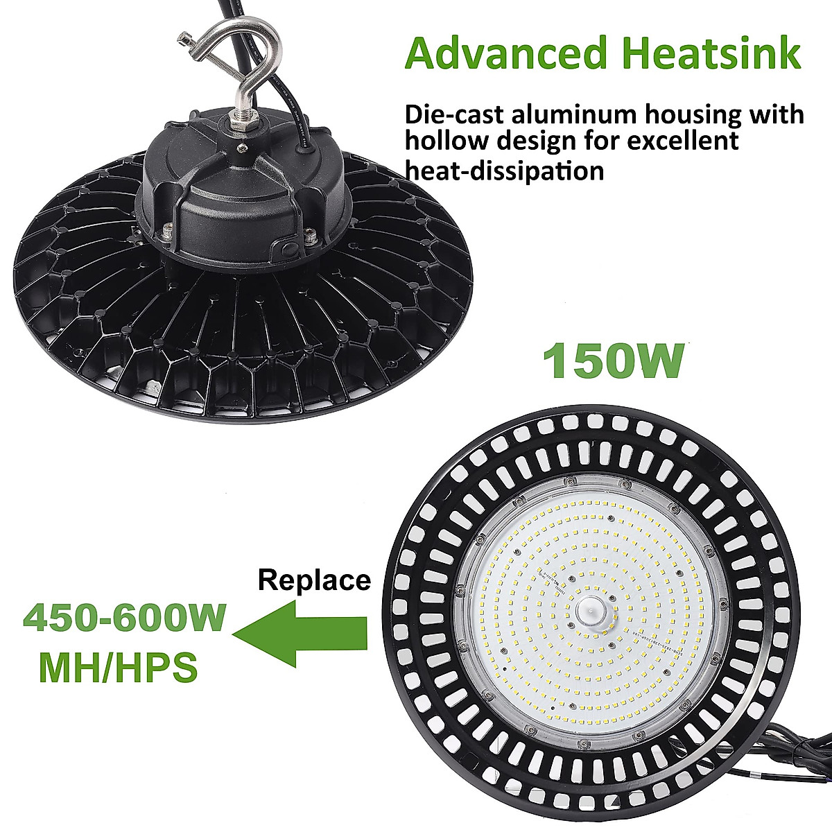 480V 150W UFO LED High Bay Lights, 24000LM, 0-10V Dimmable, 500W HID/HPS Replacement, 5ft Cable, IP65, Hook Mount, Shop Lights, Garage, Factory, Warehouse, Workshop, Area Light