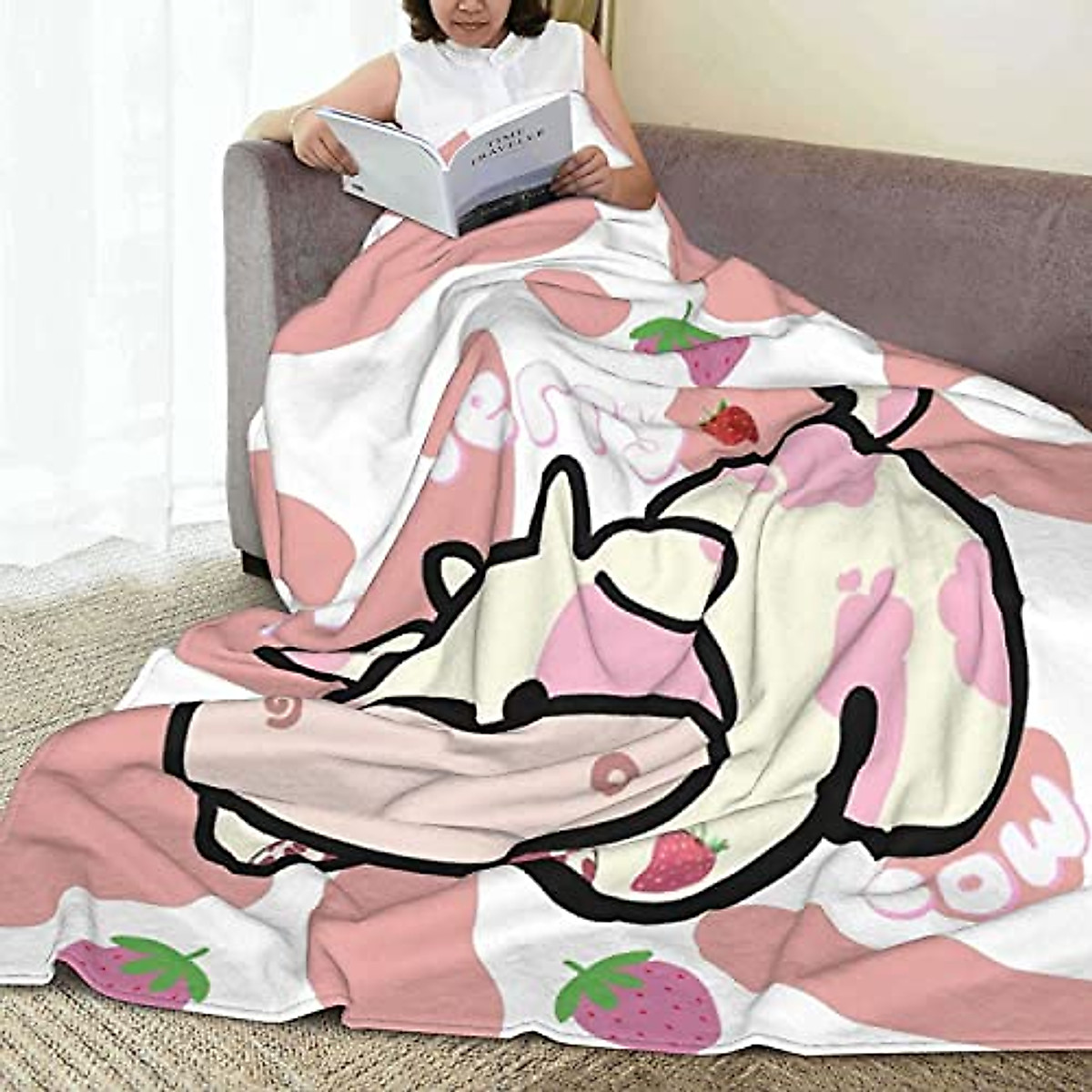 Strawberry Milk Cow Blanket Lightweight Flannel Fleece Cartoon Cute Animal Throw Blankets Soft Cozy Plush Microfiber All-Season Blanket for Bed/Couch/Sofa-50 x40 in
