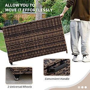 MEISSALIVVE 178 Gallon Outdoor Storage Box, Patio Deck Box with 2 Wheels, Handle Large Portable Wicker Rattan Deck Box for Patio Furniture Cushions, Throw Pillows, Garden Tools and Pool Floats (Brown)