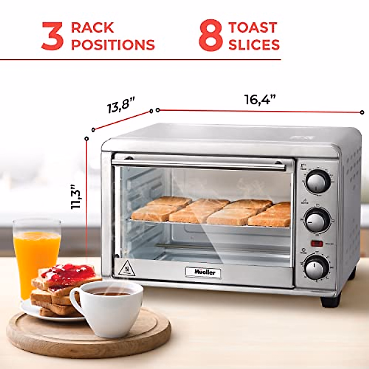 Mueller AeroHeat Convection Toaster Oven, 8 Slice, Broil, Toast, Bake, Stainless Steel Finish, Timer, Auto-Off - Sound Alert, 3 Rack Position, Removable Crumb Tray, Accessories and Recipes